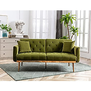 Antetek Velvet Futon Sofa Bed with 3 Adjustable Positions, Small Sleeper Sofa Loveseat with 2 Decorative Pillows, Modern Upholstered Convertible Couch with 5 Metal Tapered Legs (Olive Green)