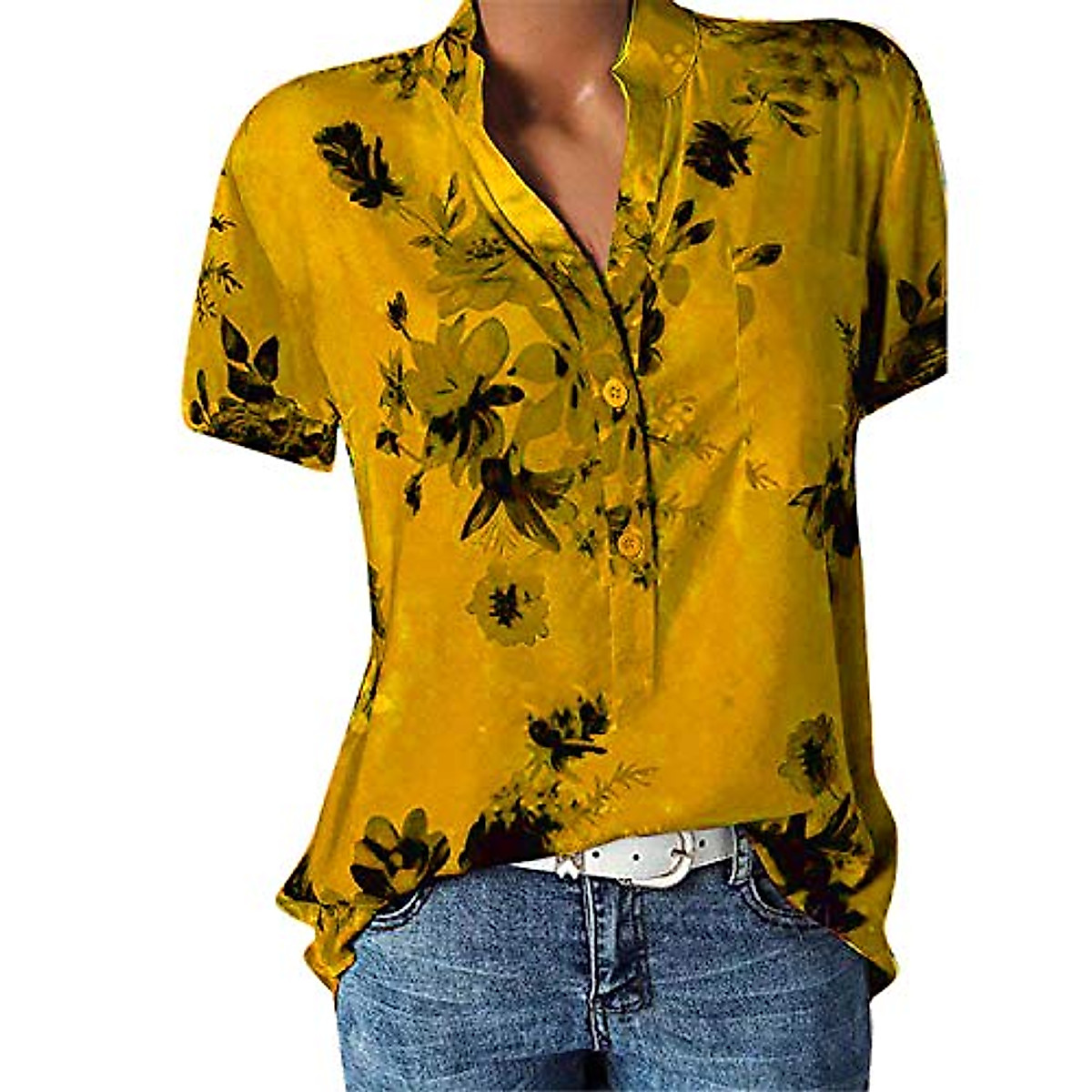 Andongnywell Womens Casual Floral Print V Neck Tops Short Sleeve T-Shirt Blouses Printed Blouse Tunics (Orange,5,XX-Large)