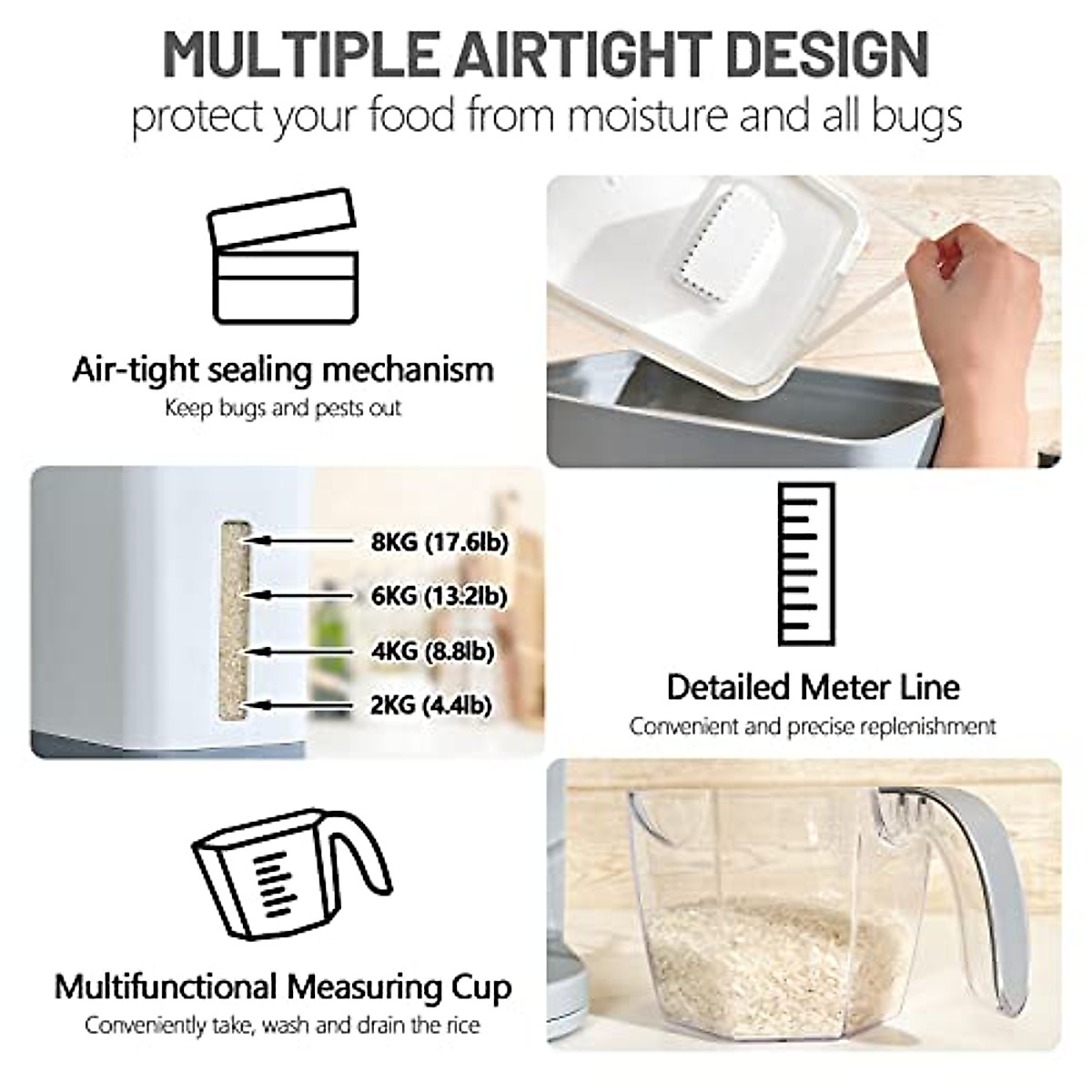 26.5 Lbs Rice Dispenser Large Sealed Grain Container Storage with Mesuring Cup, Airtight Design Food Dispenser, Kitchen Orgainzation Pantry Strore for Dry Food