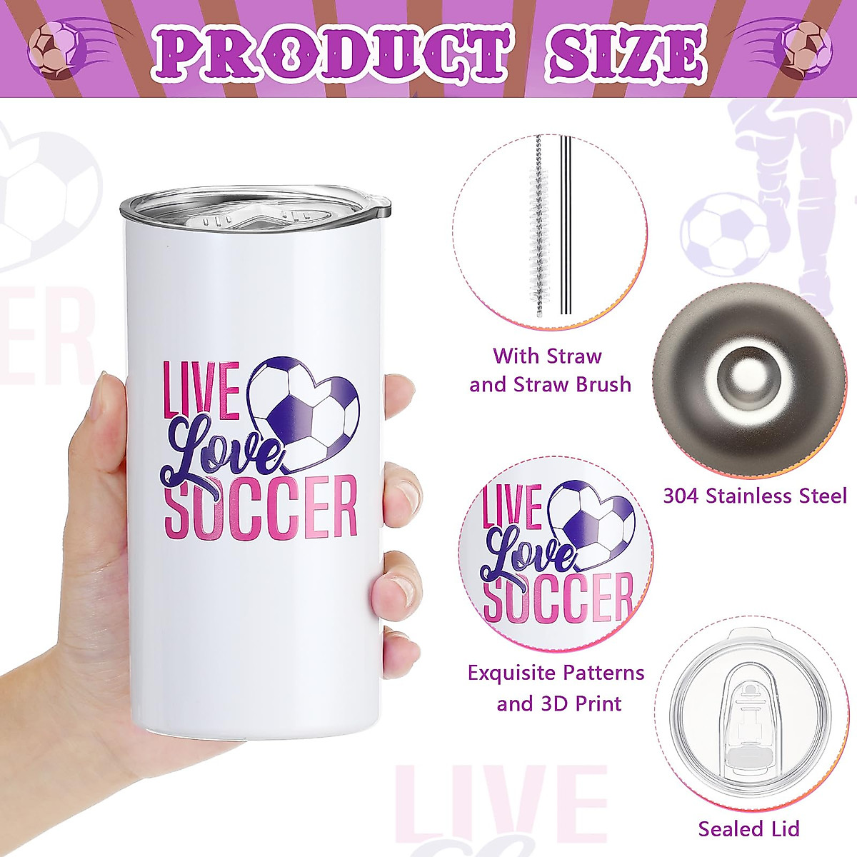 4 Pieces Girls Soccer Gifts Soccer Water Bottle Tumbler 14oz Soccer Zipper Gift Bags Pouch Soccer Bracelet Jewelry Soccer Scrunchies for Girls Graduation Soccer Gift