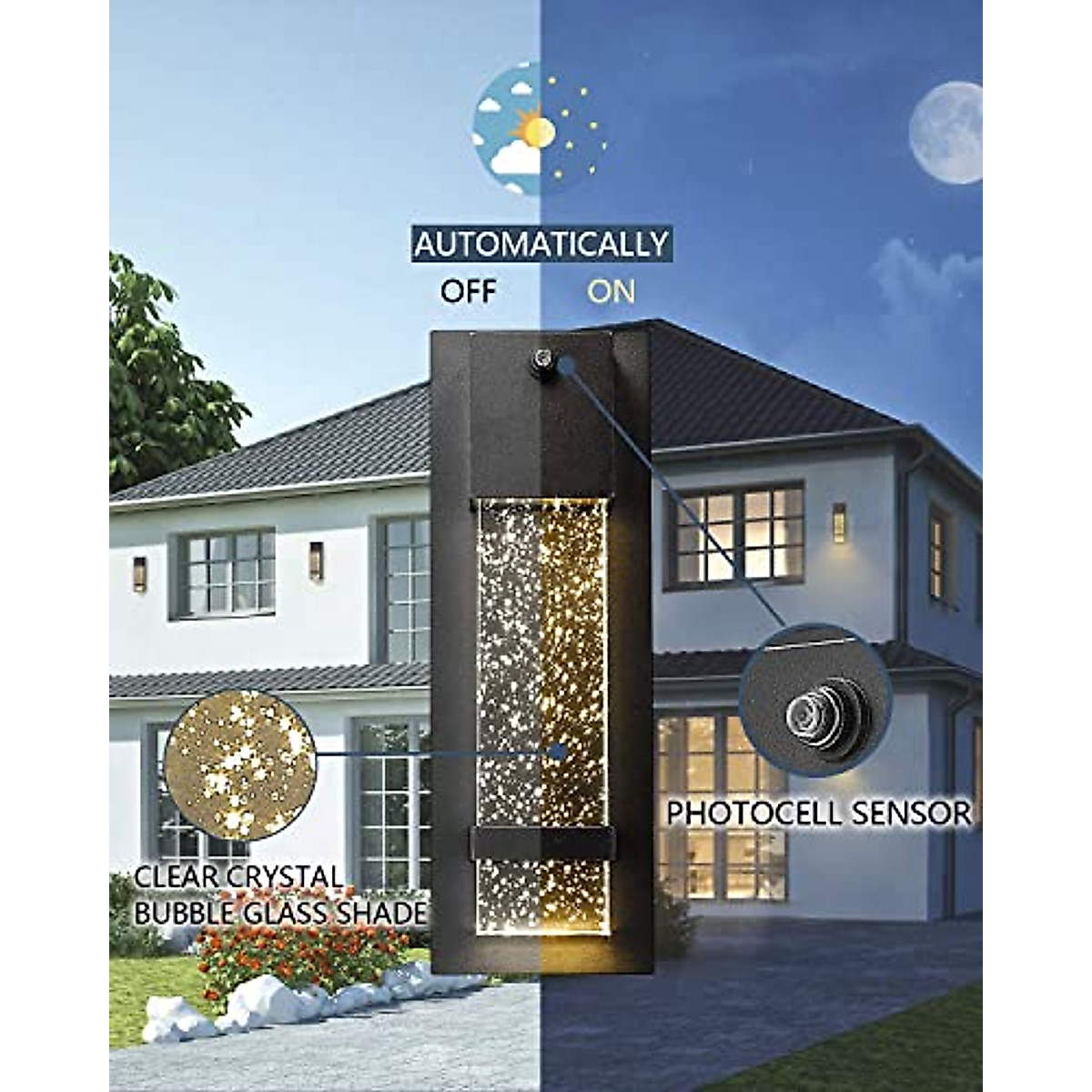 LED Dusk to Dawn Outdoor Wall Light Fixture - HWH Exterior Wall Sconce Porch Light 2 Pack, Outside Wall Lights in Black Finish with Crystal Bubble Glass, 5HW9-B-P-2PK BK