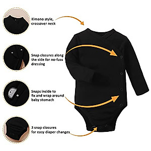 DEFAHN Baby Side Snap Kimono Bodysuit Long Sleeve with Mitten Cuffs 100% Cotton 3-Pack Unisex Onsies for Newborn Boy Girl (3Pc BK-WH-GY, Newborn)