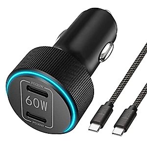 Dual USB C Super Fast Car Charger, GRNLFFF 60W Dual PD 30W All-Metal Adapter Compatible with iPhone 14/13/12/pro/pro max, iPad Pro, Samsung Galaxy S22 Ultra with 4FT Fast Type C to C Cable
