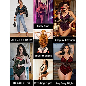 Avidlove Women One Piece Lingerie Deep V Teddy Contrast Lace Bodysuit Mini Babydoll (Green,L)