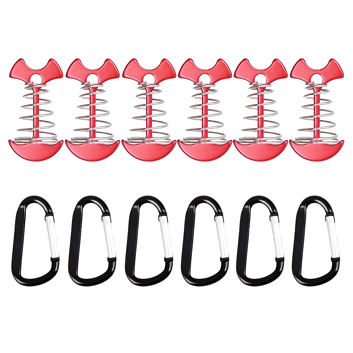 TRIWONDER 6pcs Deck Plank Board Tent Stakes Aluminum Spring Anchor Fishbone Guyline Cord Adjuster Tent Pegs with Carabiners for Outdoor Camping Hiking (Red Spring Nails + Carabiners)