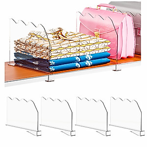SuoXing 4 Pack Clear Acrylic Shelf Dividers for Closet Organization,9.3" Vertical Purse Organizer for Wood Closet Separator Perfect for Sweater, Shirts, Handbags,Bookshelf in Bedroom Closet Dividers