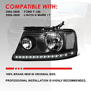 Auto Dynasty LED DRL Headlights Assembly Compatible with Lincoln Mark LT 2006-2008 Ford F-150 2004 2005 2006 2007 2008, Driver and Passenger Side, Black Housing Clear Lens