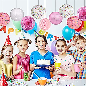 Famolay Donut Paper Lanterns Decorative, 9PCS Pink Party Decorations Paper Fans Honeycomb Ball Ice Cream Decor Birthday Supplies Hanging Lanterns Lamps for Kids Baby Shower