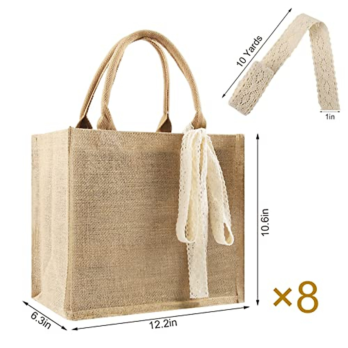 HEVMEVENI 8 Large Burlap Tote Bags Bulk, Reusable Jute Tote Bag with 10Yd Ribbon Blank Burlap Gift Bag with Handle Waterproof Beach Tote Bag for Shopping Bridesmaid Gift Bag 12.2''x10.6''x6.3''
