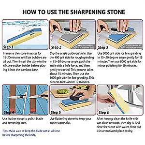Sharpening Stone Set for Knife Wet Stone Sharpening Kit, Water Stone for Sharpening Knives 4 Side Grit Whetstone 400/1000 3000/8000 Kitchen Knives Sharpeners-Non-Slip Bamboo Base,Gloves,Honing Guide