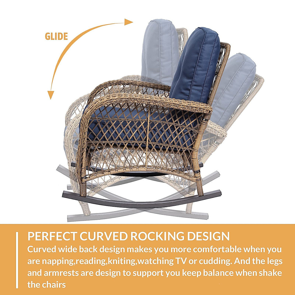 W WARMHOL Outdoor Wicker Rocking Chair with Thickened Cushions, All-Weather Rattan Patio Rocking Chairs, Rocker Wicker Chair for Porch Garden & Backyard, Navy Blue