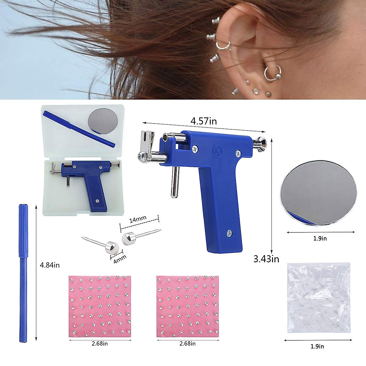 Rudenkoo Ear Piercing Tool Kit, 98Pcs Ears Nose Navel Lip Piercer Machine Studs, Stainless Steel Body Hole Piercing Guns Stud Earrings