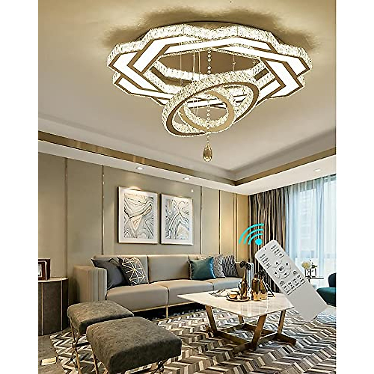 W32'' Living Room Modern Crystal Chandelier Large Foyer Chandeliers Crystal Shades Chandeliers Entrance High Ceiling Chandeliers Bedroom Dining Shandaler 3000K-6000K Infinity Lighting Fixtuers Lamps