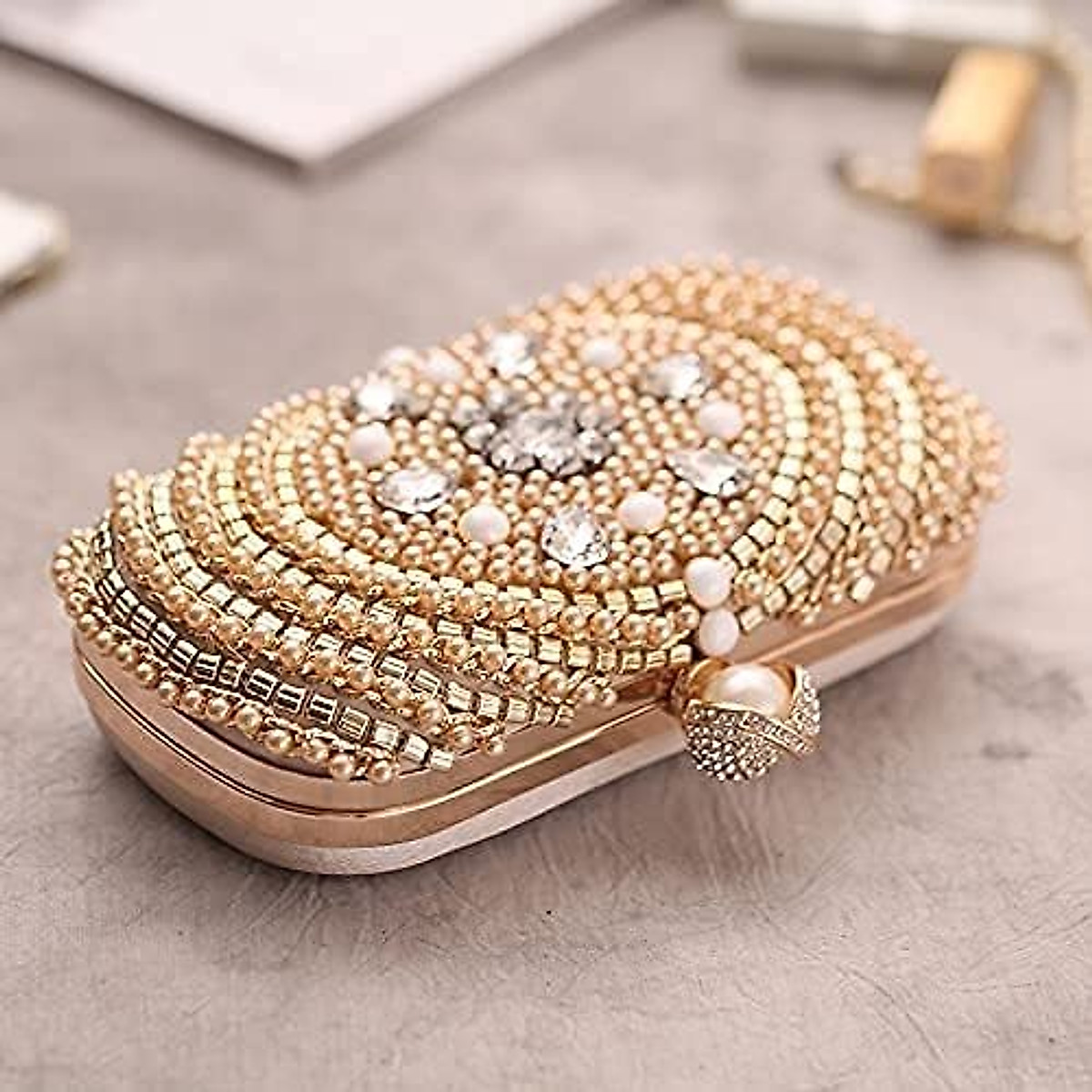 ZHANGOO Bridal Clutch, Party, Dinner or Prom Purse Pearl Evening Bag, Lady Clutch, Party Bag, Suitable for Cheongsam Dress (Color : Gold)