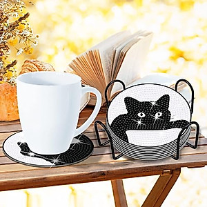 8 Pcs Black Cat Diamond Art Coasters Kits with Holder DIY Cute Cat Diamond Art Coaster Non Slip Coaster for Adults Diamond Kits Supplies for Christmas Gift