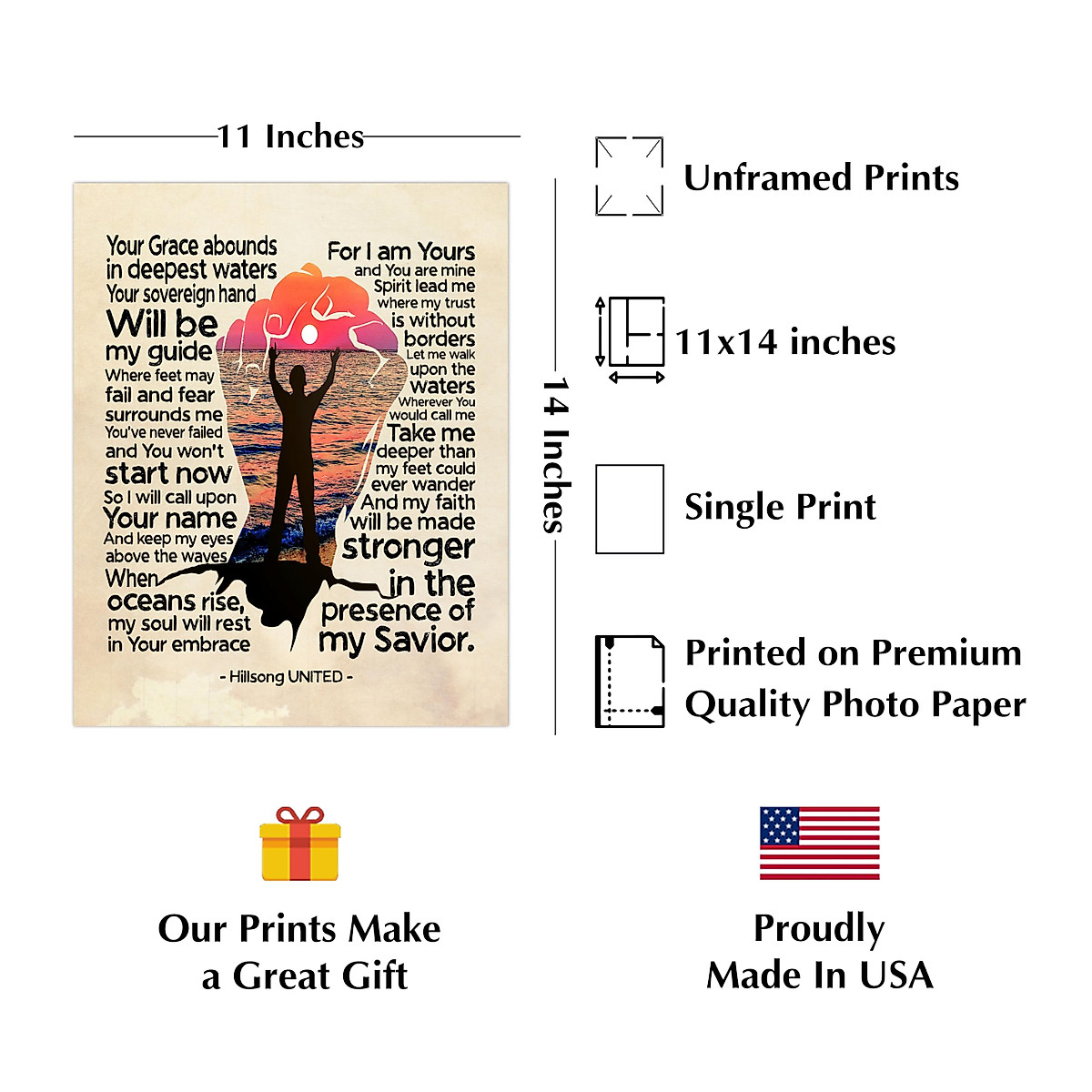 Hillsong United - Where My Feet May Fail Song Lyric Wall Art Poster, This Ready to Frame Worship Wall Art Poster Print is Good For Home, Office, Church & Room Decor Aesthetic, Unframed - 11x14”