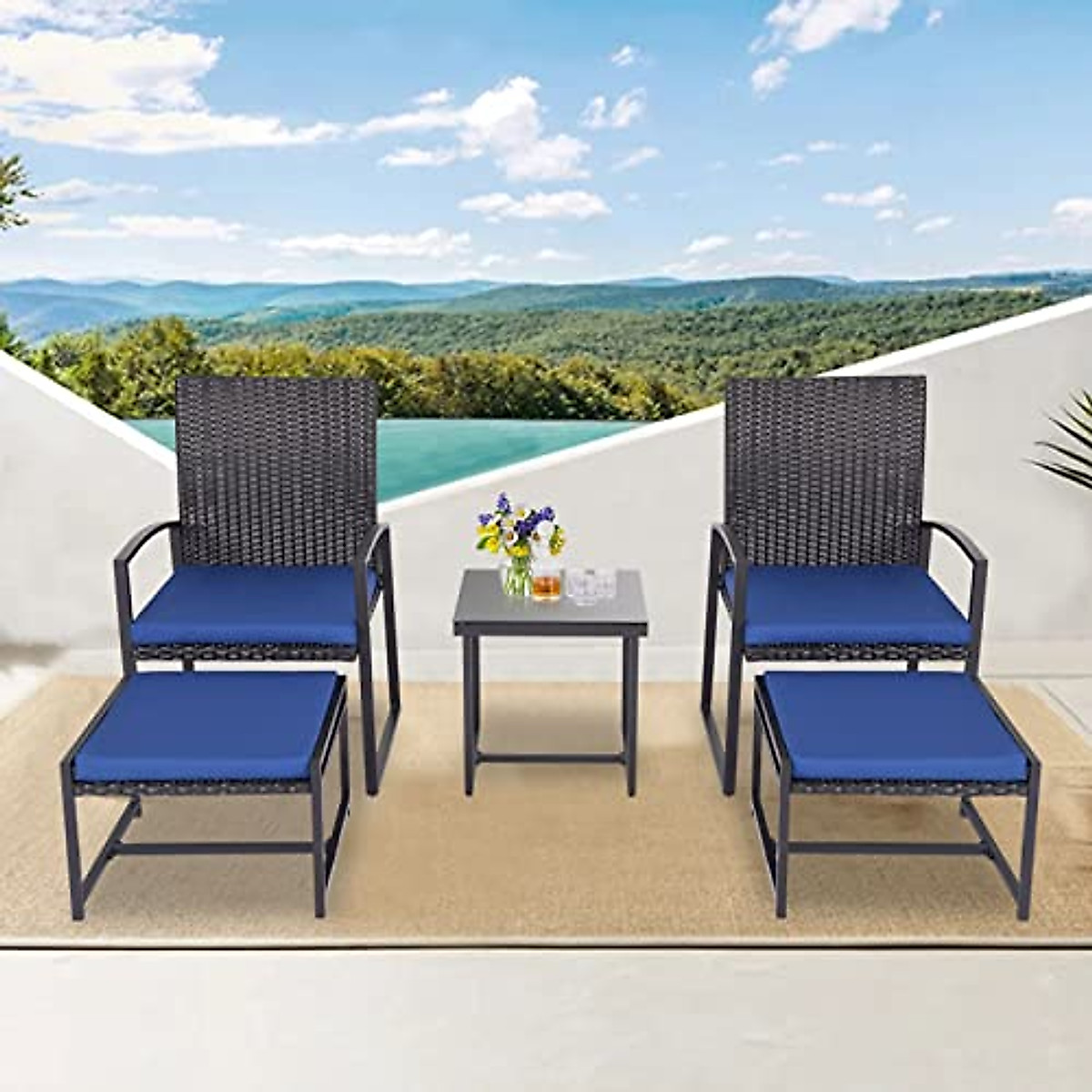J-SUN-7 5-Piece Patio Furniture Conversation Set PE Rattan All Weather Cushioned Chairs Bistro Set with Ottoman and Glass Coffee Side Table for Balcony Porch, Dark Blue