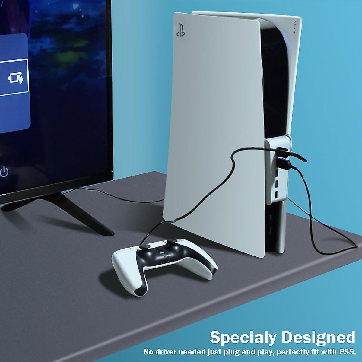 6 Port USB Hub for PS5, USB High-Speed Expansion Hub Charger Splitter Compatible with PlayStation 5 (Original Model), Extender Adapter 4 USB + 1 USB Charging Port + 1 Type C Port