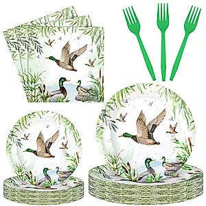 Sunnyray 96 Pcs Mallard Duck Party Decorations Supplies Duck Hunting Birthday Party Tableware Set Mallard Duck Baby Shower Plates Napkins Forks for 24 Guests