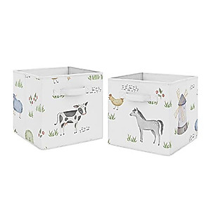 Sweet Jojo Designs Farm Animals Foldable Fabric Storage Cube Bins Boxes Organizer Toys Kids Baby Childrens - Set of 2 - Watercolor Farmhouse Horse Cow Sheep Pig