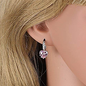 GULICX Heart shape Created Pink sapphire Cubic Zirconia Silver Tone hoops shiny earrings