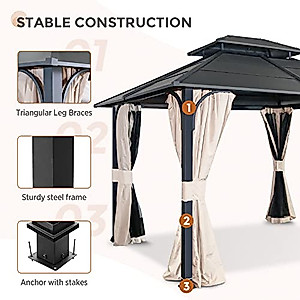 EAGLE PEAK 10x12 Outdoor Steel Frame Hardtop Gazebo Pavilion with Double Roof for Garden, Patio, Lawn and Party, Mosquito Mesh Netting and Light Beige Privacy Curtains Included, Black
