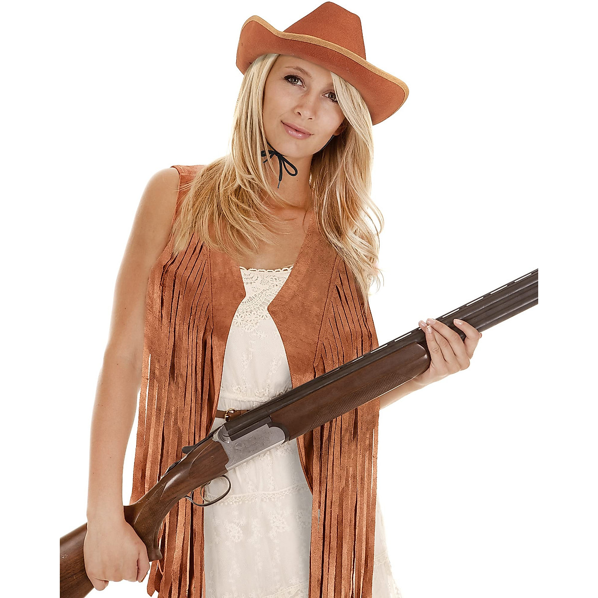 Zhanmai Fringe Vests Cowgirl Outfits for Women Faux Suede Tassels 70s Hippie Clothes Vest Jacket Western Cowgirl Hat(Brown, M)