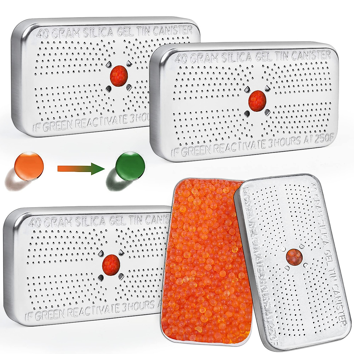 4 Packs 40Gram Indicating Silica Gel Desiccant Canister (Orange to Dark Green), Reusable Dehumidifier Desiccant, Moisture Absorbing, No Cobalt II Chloride