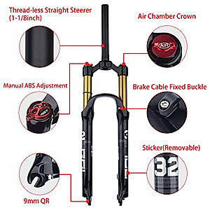 BOLANY Bike Suspension Fork MTB Bicycle Magnesium Alloy Suspension Front Fork 26/27.5/29 inch, 120mm Straight Steerer and Tapered Steerer Air Fork (26, Straight-Manual)