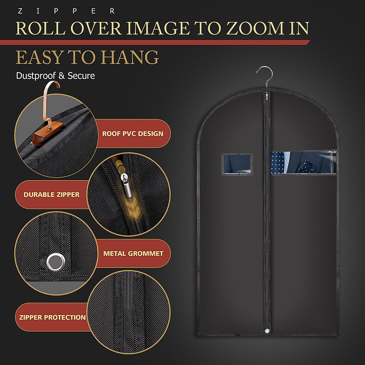 Hleelomi 5 Pack 40-inch Suit Bag Garment Bag for Travel and Storage, Garment Bags for Hanging Clothes with Zipper and Visible Transparent Window, Black