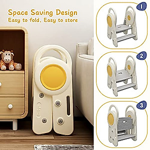 BanaSuper Foldable Toddler Step Stool with Safety Handrail for Kitchen Counter Bathroom Sink Kids Adjustable Toilet Potty Training Stool Children Step Ladder Learning Helper with Non-Slip Pads（Yellow）
