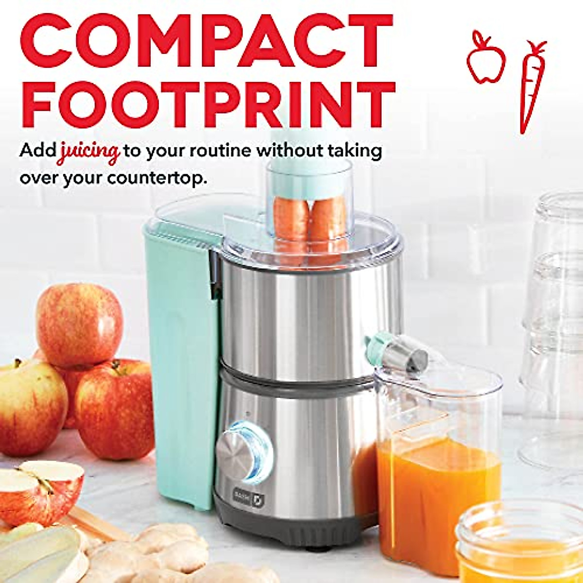 Dash Compact Centrifugal Juicer, Press Juicing Machine, 2-Speed, 2" Wide Feed Chute for Whole Fruit Vegetable, Anti-drip, Stainless Steel Sieve - Aqua