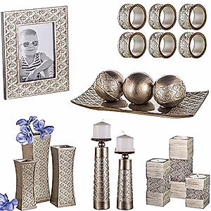 Creative Scents Dublin Decorative Tray and Orbs Balls Set - Centerpiece Bowl with Balls for Dining Room Table, Rustic Decorated Spheres Kit for Living Room Coffee Table, Gift Boxed (Brushed Silver)