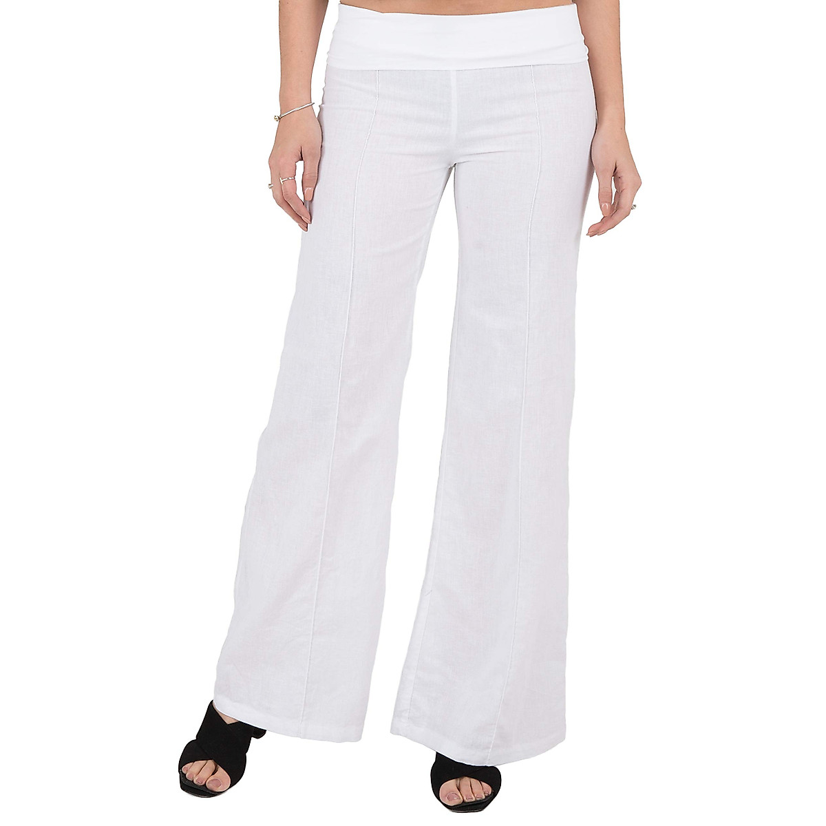 Standards & Practices S & P-Women's Linen-Cotton Wide Leg-Yoga-Pants with Fold-Over Elastic Waist Size S White