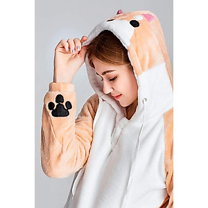 CORIRESHA Cute Coral Velvet Long Sleeve Shiba Inu Dog Home Wear Clothes Hoodie Sweatshirt with 3D Dog Ear and Dog Tail,White,Medium