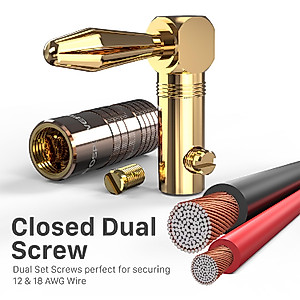 FosPower Right Angle Banana Plugs (2 Pairs / 4 pcs), Closed Screw 24K Gold Plated Banana Speaker Plug Connectors for Speaker Wire, Wall Plate, Home Theater, Audio/Video Receiver, and Sound Systems