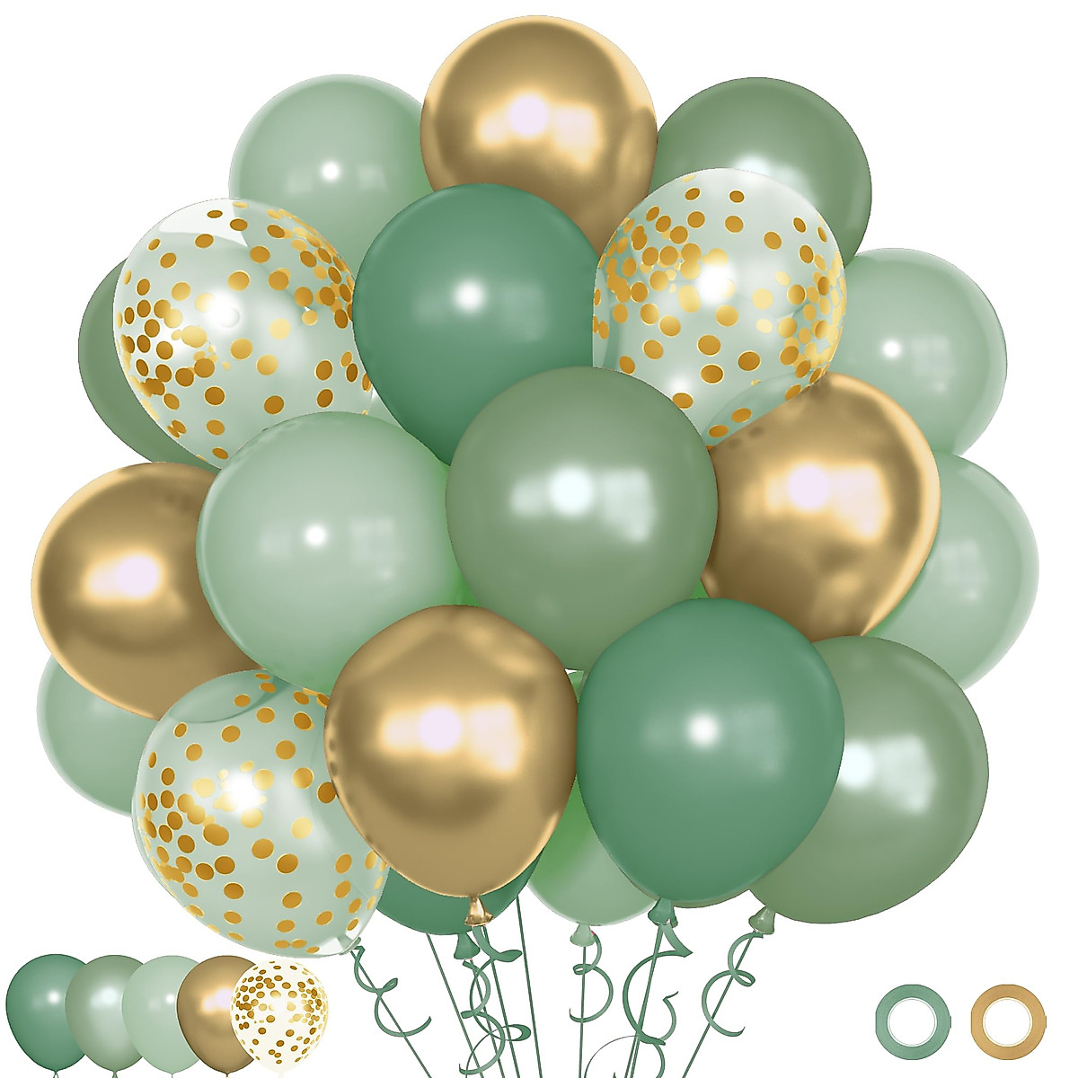 72Pcs Sage Green Balloons Set, Green Latex Balloon with 12inch 5inch Pearl Green Balloons Metallic Gold Balloons Light Olive Green Coffetti Balloons for Baby Shower Birthday Wedding Party Decorations