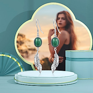 Feather Earrings Genuine Malachite Dangle Hook Earrings Sterling Silver Native American Jewelry for Women Valentine Gift