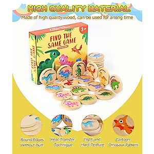 Protado Wooden Match Memory Game for Kids, 24Pc Memory Matching Cards with 5Pc Tattoo Stickers, Educational Memory Matching Game for Pre-Kindergarten Early Learning Development Kids-Dinosaur