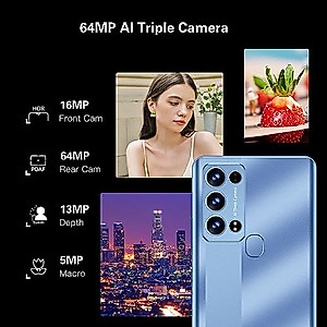 ExAchat Rino9 Pro 5G Unlocked Smartphone,Android 13 Phone 6GB+256GB 6.6" FHD+ Display 90Hz 64MPAI Camera Cell Phones Unlocked 5500mAh Dual SIM/GPS/Fingerprint/Face ID(Blue)