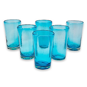 NOVICA Artisan Handblown Glass Tumblers Aquamarine Blue Mexico Tableware Drinkware Water Recycled 'Aquamarine Bubbles'(Set of 6)