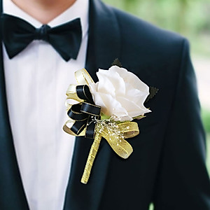 Firlar 2 PCS Wedding Wrist Flower and Mens Corsage, Artificial Ivory Rose Flower Wrist Corsage and Boutonniere Set, Bride Wristlet Band Bracelet and Men Boutonniere Set for Wedding Party Prom Suit