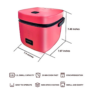 Rice Cooker Small with Removable Non-stick Pot, Mini Rice Cooker for 1-2 People, 4 cups Uncooked, 1.2L Rice Cooker Small, Ideal for Stews, Soups, Porridge, Grains, Oatmeal, Red