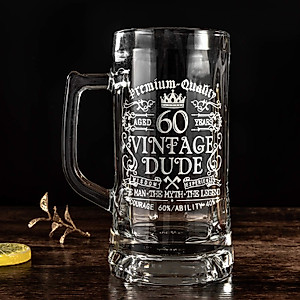 Crisky 60th Birthday Vintage Dude Beer Mug for Men 60 Years Old Gift 21 oz Birthday Beer Glass for Him, Husband, Father, Brother Friends Uncle Coworker, Large Capacity Beer Mug Gift, with Box