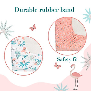 My Little Zone 100% Cotton Changing Pad Cover for Baby Girls, Flamingo - Breathable Bassinet, Mini Crib Mattress Fitted Sheets - Jungle Leaves, 32"x16" with 8" Deep Pocket, White-Coral Pink, 2 Pack