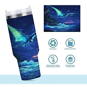 Slewiaeky Tumbler with Handle 40 oz Beast Dinosaur Vintage T Rex Travel Mug with Lid and Straw Stainless Steel Vacuum Insulated Water Bottle Cup for Iced Tea Coffee Cold Beverages Cup Holder Friendly