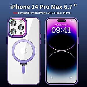 Facweek Compatible with Magsafe iPhone 14 Pro Max Case with Magnetic Stand, Clear Back Full Protection Case [2 Screen Protectors+1 Lens Protector+Iridescent Camera Bezel] 6.7 Inch, Clear and Purple