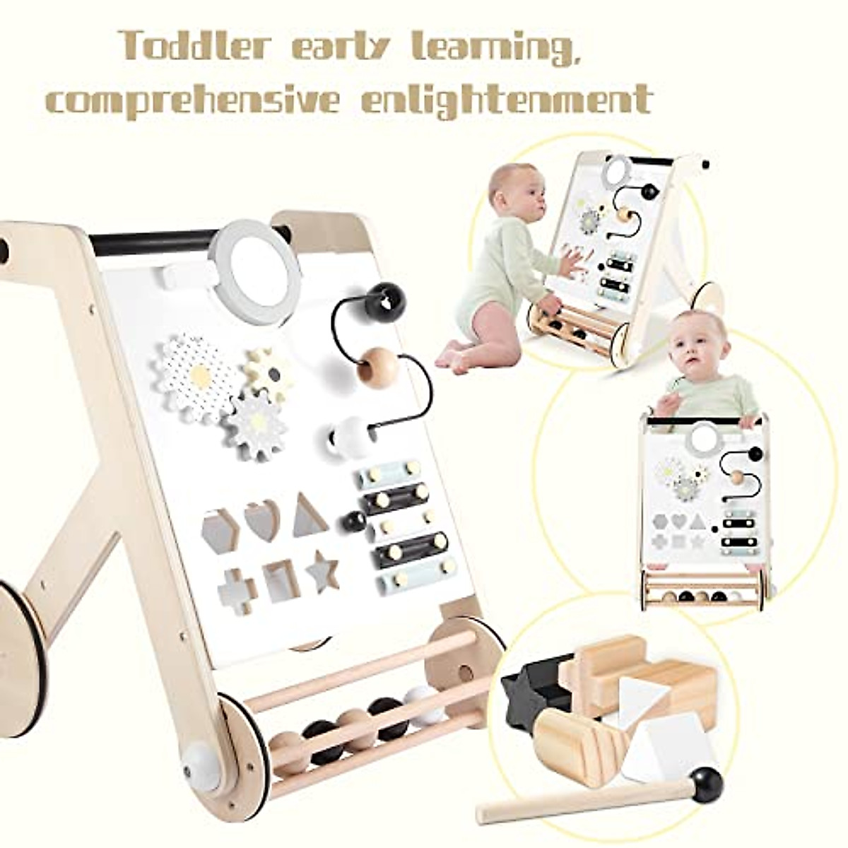 Asweets Wooden Baby Walker Push and Pull Learning Activity Walker with Roller for Boys and Girls Stand Learning Walker Toddler Toy