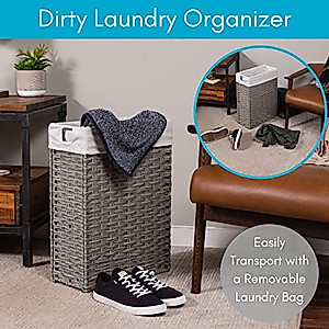 BIRDROCK HOME 22" Slim Laundry Hamper with Removable Liner Bag | Grey | Handwoven | Compact Collapsible Clothes Basket | Synthetic PE Rattan