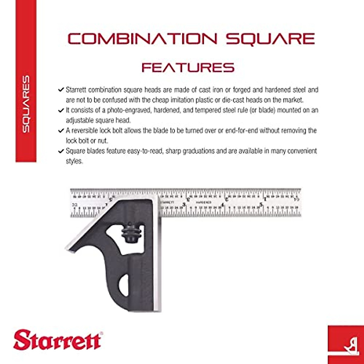 Starrett Student Combination Square - Ideal for Youngsters and Apprentices - 6" Blade Length, Cast Iron Head, Hardened and Tempered Square Blade, 4R Graduation - 10H-6-4R